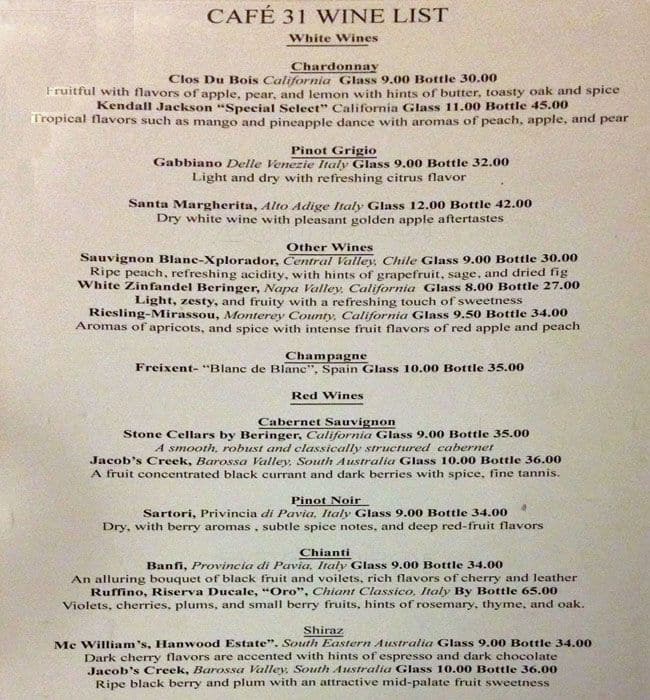 Menu at Cafe 31, West New York