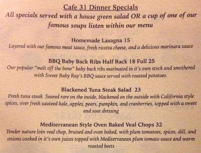 Menu at Cafe 31, West New York