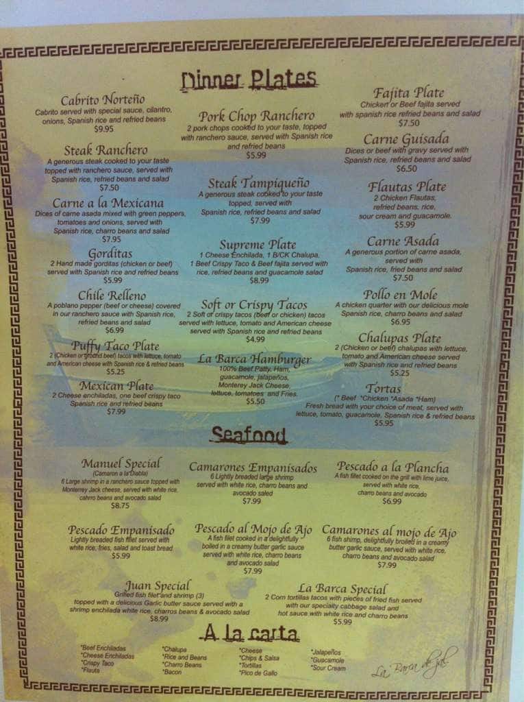 Menu at La Barca de Jalisco, San Antonio