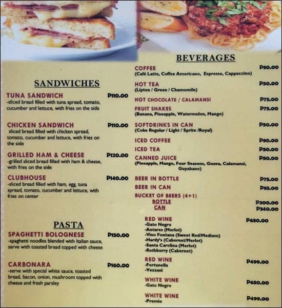Menu at MJ'S Café cafe, Cebu City