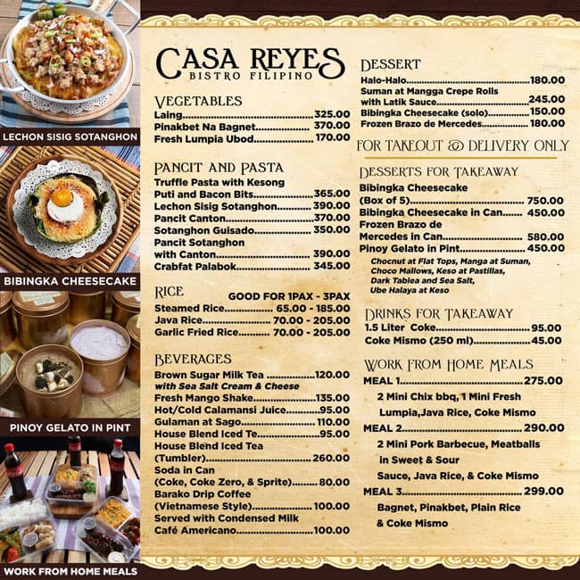 Menu at Casa Reyes Bistro Filipino restaurant, San Juan, Greenhills
