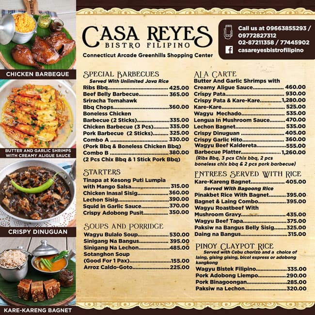 Menu at Casa Reyes Bistro Filipino restaurant, San Juan, Greenhills