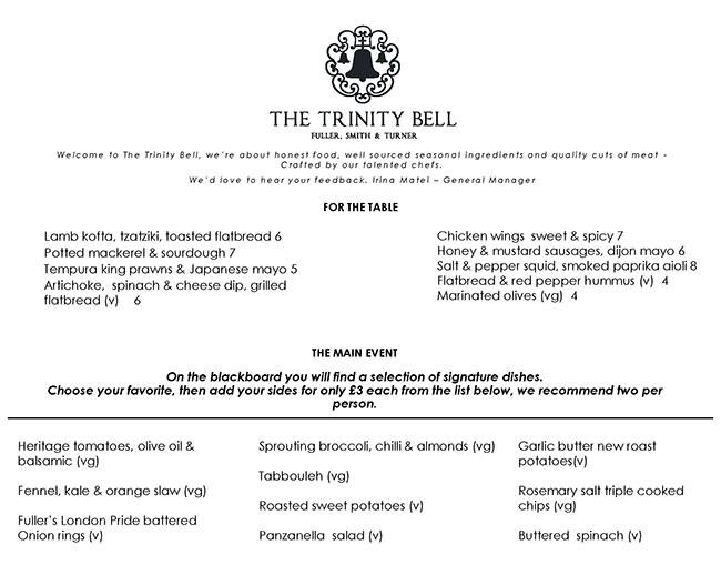 Menu at The Trinity Bell restaurant, London