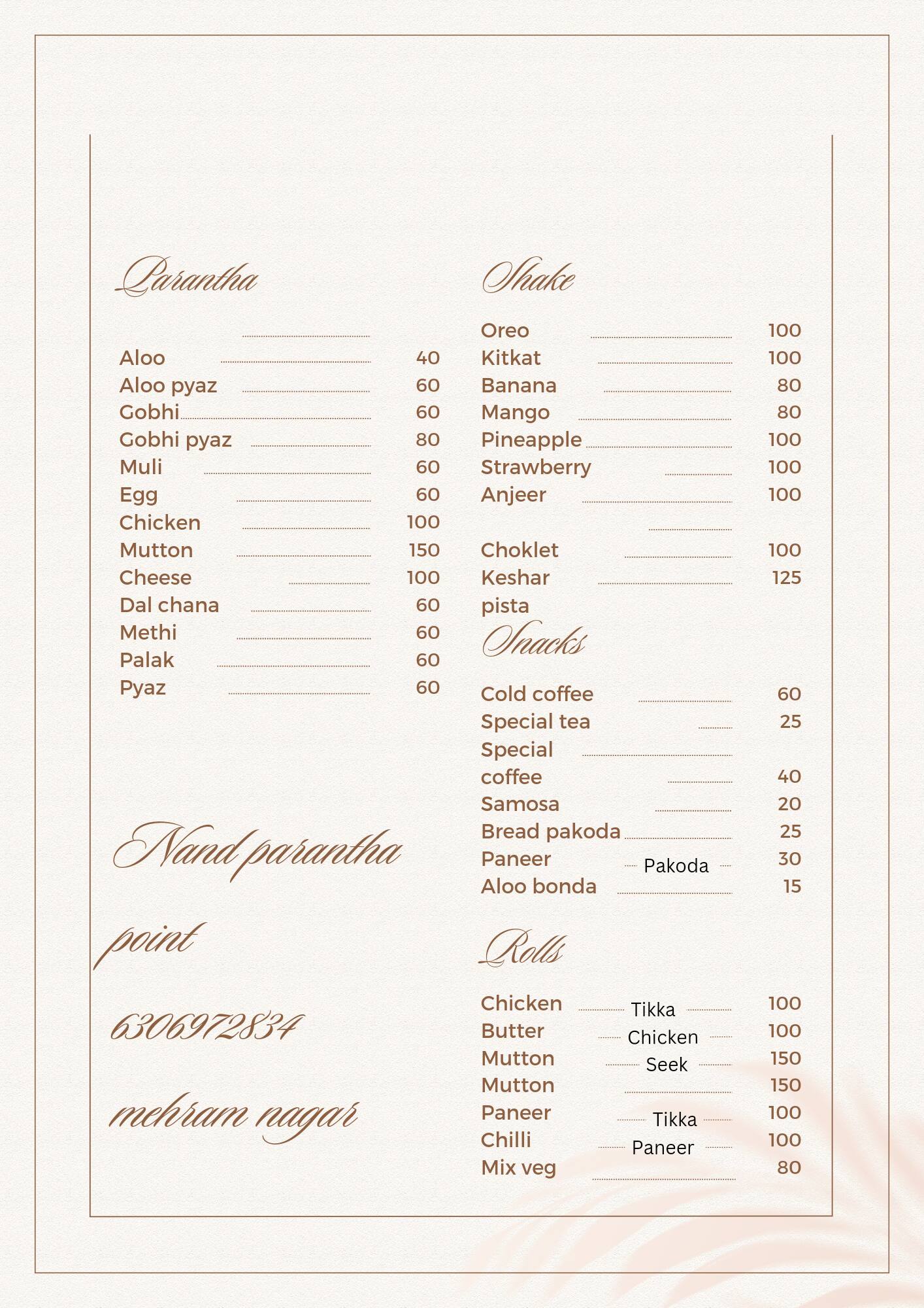 Menu of Nand Ji Parantha Point, Delhi Cantt., New Delhi