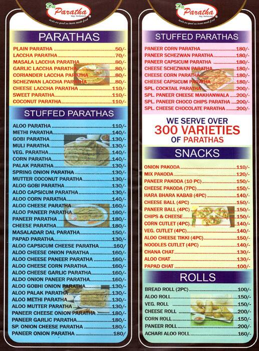 Menu at Da Paratha, Mumbai, 61/2 A-2