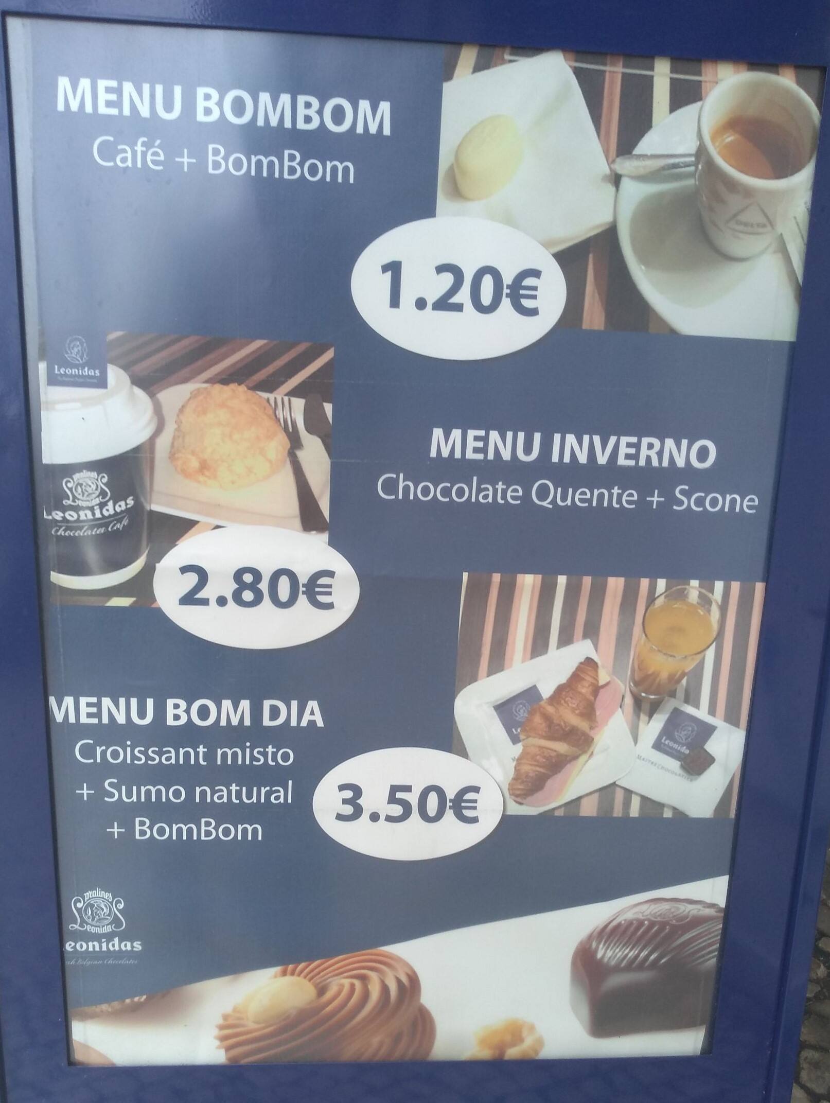 Menu at Leonidas Campo de Ourique cafe, Lisbon, R. Infantaria 16 64A