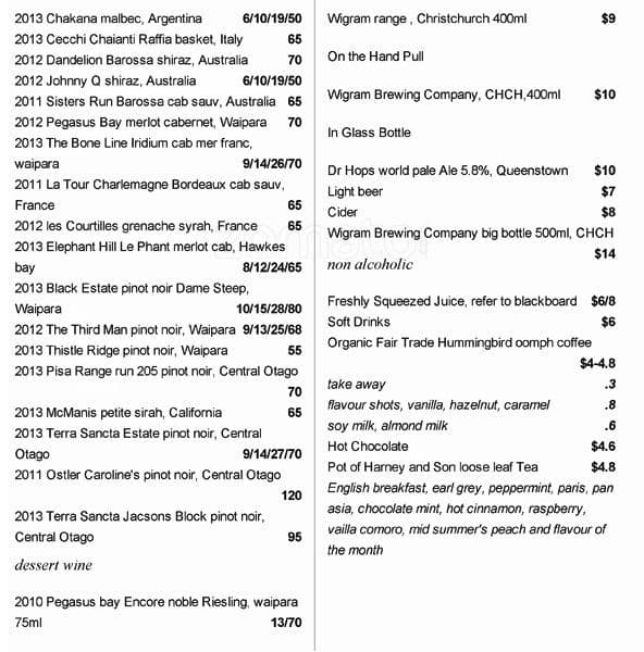 Menu at Town Tonic cafe, Christchurch