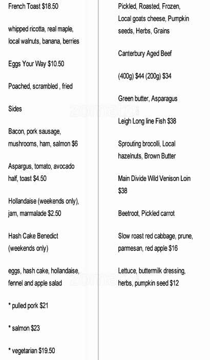 Menu at Town Tonic cafe, Christchurch