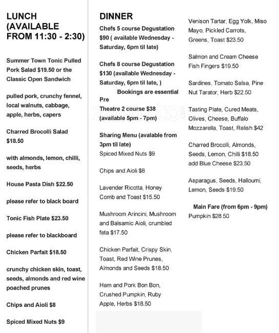 Menu at Town Tonic cafe, Christchurch