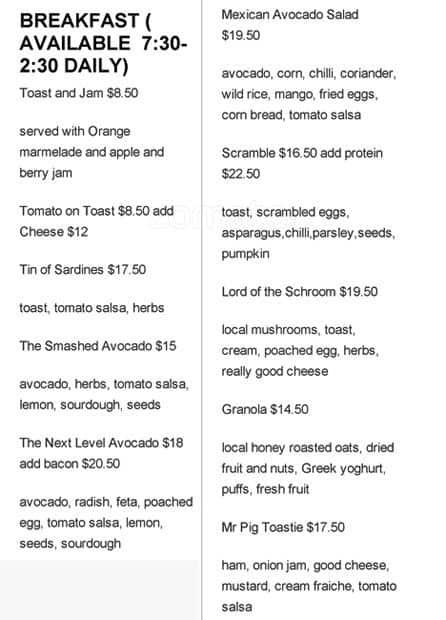 Menu at Town Tonic cafe, Christchurch