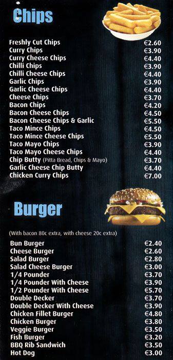 Menu at La Costa restaurant, Dublin