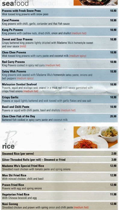 Menu at Madame Wu's restaurant, Norwood