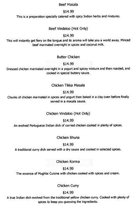 Menu at Dera Indian Restaurant, Grange