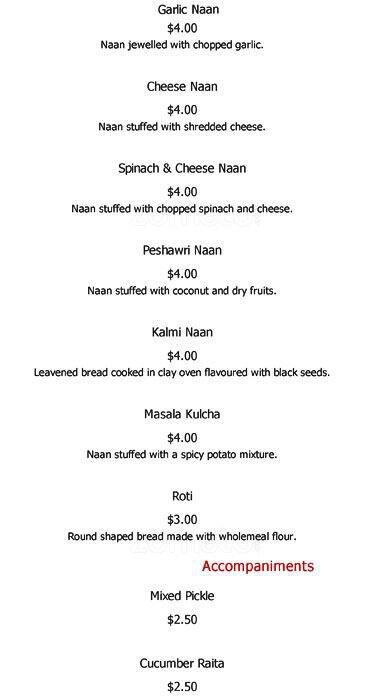Menu at Dera Indian Restaurant, Grange
