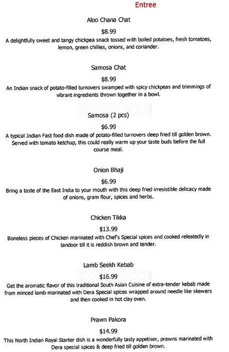 Menu at Dera Indian Restaurant, Grange