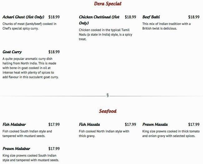 Menu at Dera Indian Restaurant, Grange