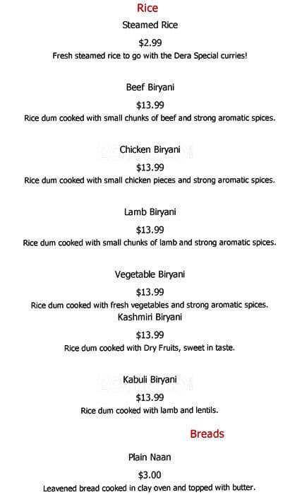 Menu at Dera Indian Restaurant, Grange