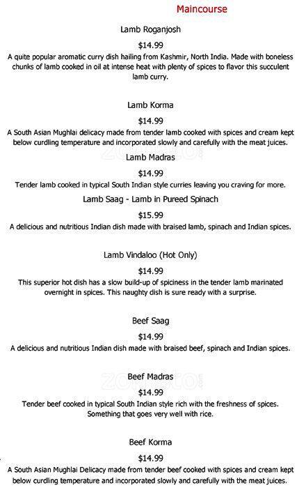 Menu at Dera Indian Restaurant, Grange