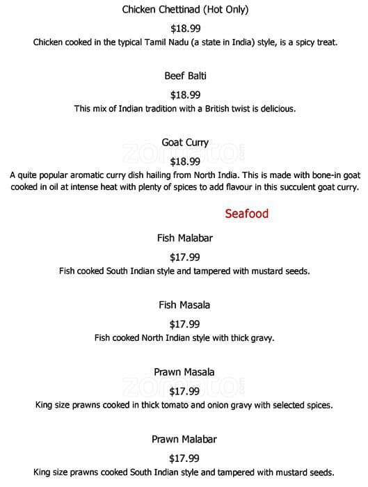 Menu at Dera Indian Restaurant, Grange