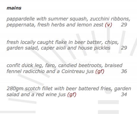 Menu at RACV Cape Schanck Resort restaurant, Cape Schanck