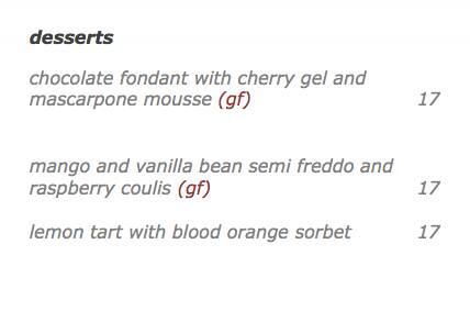 Menu at RACV Cape Schanck Resort restaurant, Cape Schanck