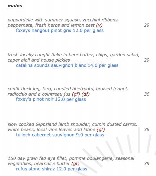 Menu at RACV Cape Schanck Resort restaurant, Cape Schanck