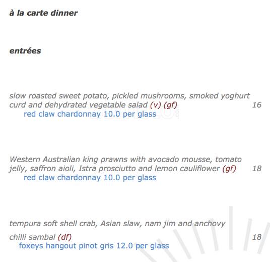 Menu at RACV Cape Schanck Resort restaurant, Cape Schanck