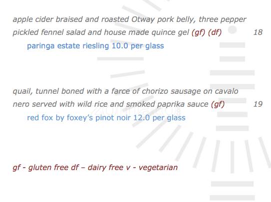 Menu at RACV Cape Schanck Resort restaurant, Cape Schanck