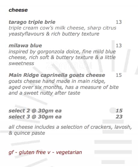 Menu at RACV Cape Schanck Resort restaurant, Cape Schanck