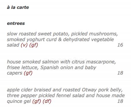 Menu at RACV Cape Schanck Resort restaurant, Cape Schanck
