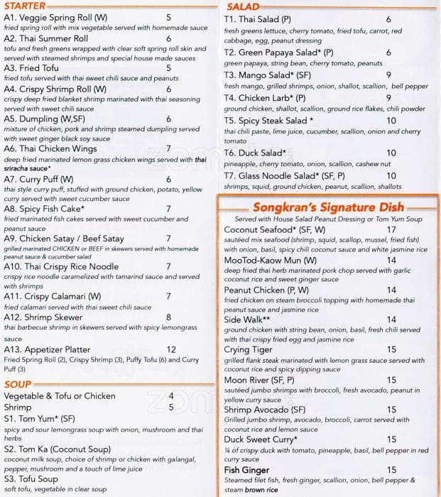 Menu at Songkran restaurant, New York City
