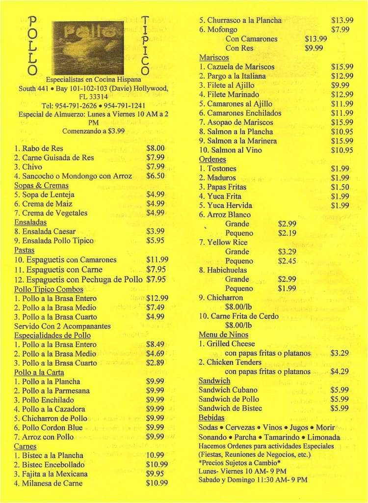 Menu at Pollo Tipico restaurant, Davie, FL-7