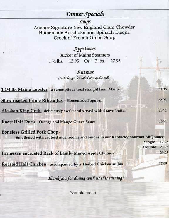 Menu at Anchor Seafood Restaurant, Wilmington
