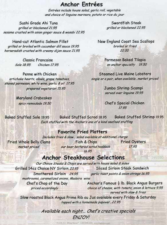 Menu at Anchor Seafood Restaurant, Wilmington