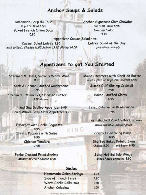 Menu at Anchor Seafood Restaurant, Wilmington