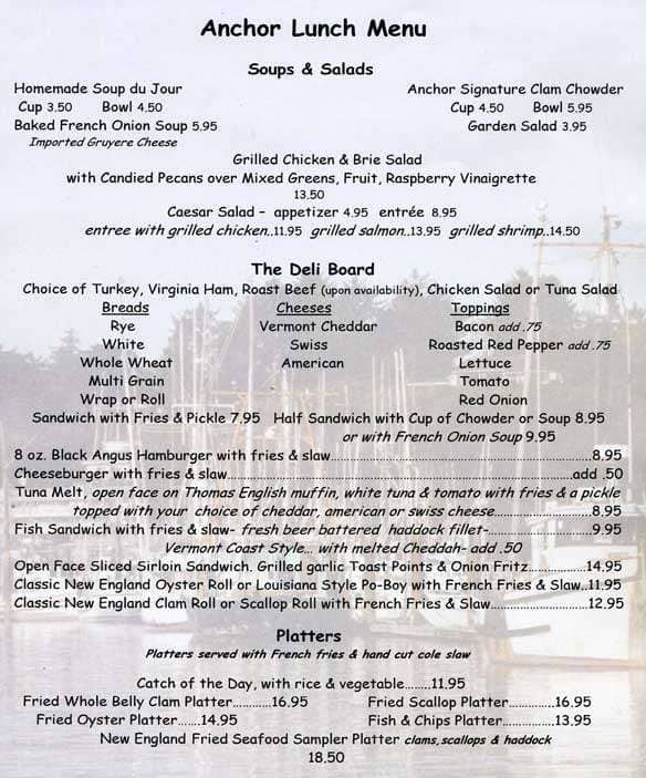 Menu at Anchor Seafood Restaurant, Wilmington