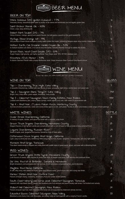 Menu at Bushfire Kitchen - La Costa restaurant, Carlsbad, Via ...