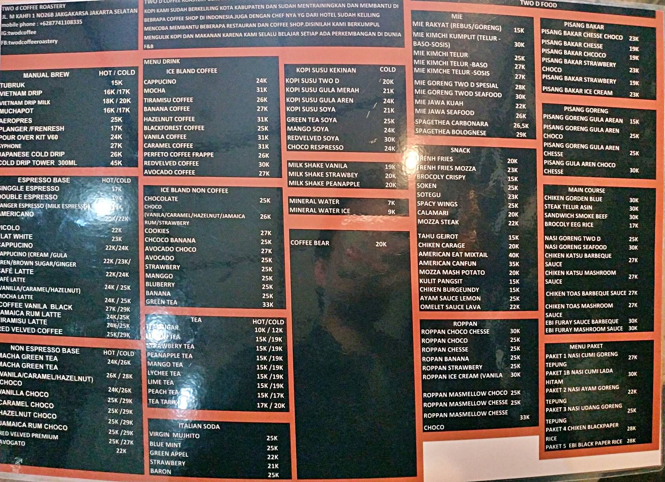 Menu at Two D Coffee Roastery cafe, Jakarta, Jl. Moh. Kahfi I No. 70