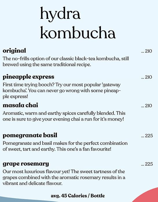 Menu of Hydra Kombucha, Gachibowli, Hyderabad
