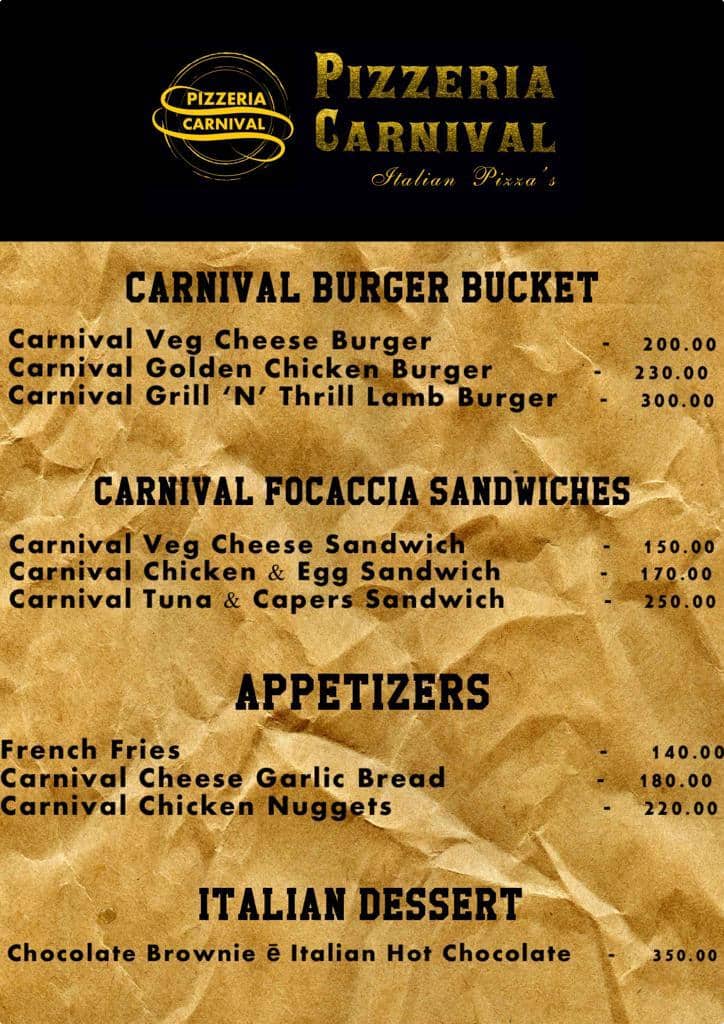Menu of Pizzeria Carnival, Vanasthalipuram, Hyderabad