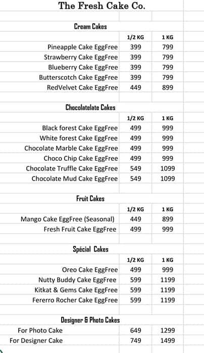 Menu of The Fresh Cake Co., Basai Village, Gurgaon