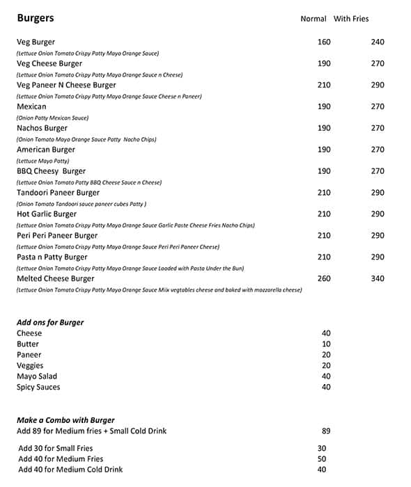 Menu of Burger Wale Paaji, Near Andheri East Station, Mumbai