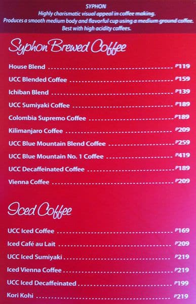 Menu at UCC Park Cafe, Mandaluyong
