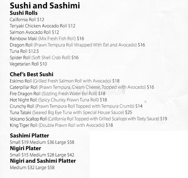 Menu at GENJI Japanese Restaurant, Auckland