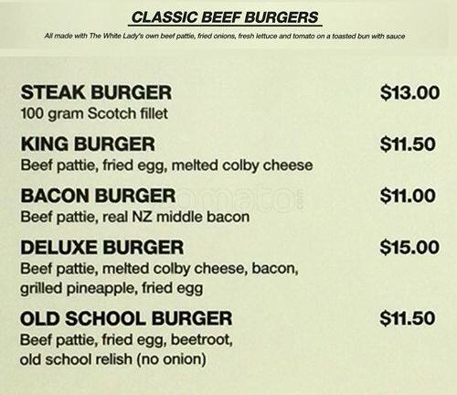 The White Lady Menu, Menu for The White Lady, Commerce Street, Auckland ...