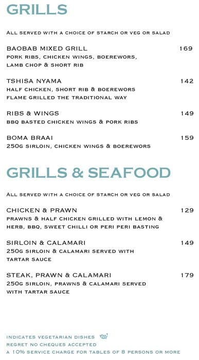 Menu at Baobab Cafe & Grill, Pretoria, Menlyn Shopping Centre