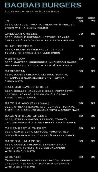 Menu at Baobab Cafe & Grill, Pretoria, Menlyn Shopping Centre