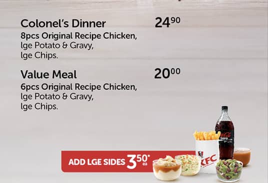 Carta de comida rápida KFC Eastgate, Christchurch, Buckleys Rd and