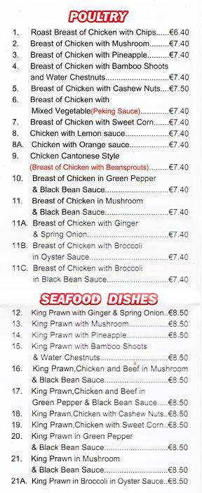 Menu at Regent Chinese fast food, Dublin
