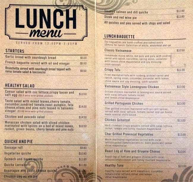 Menu at Taste Baguette cafe, Sydney, 1a/68 Market St